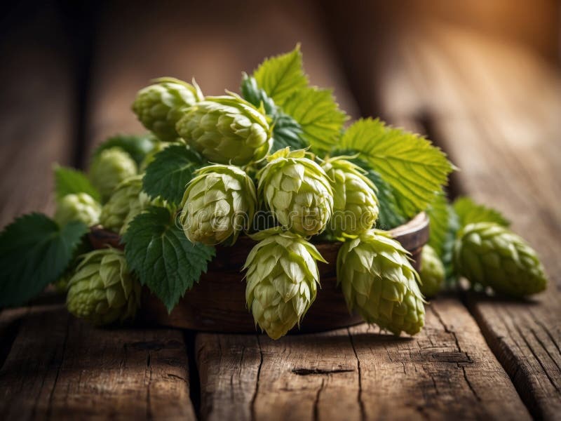 Fresh Green Hops Branch on an Aged Wooden Table with a Rustic Barrel ...