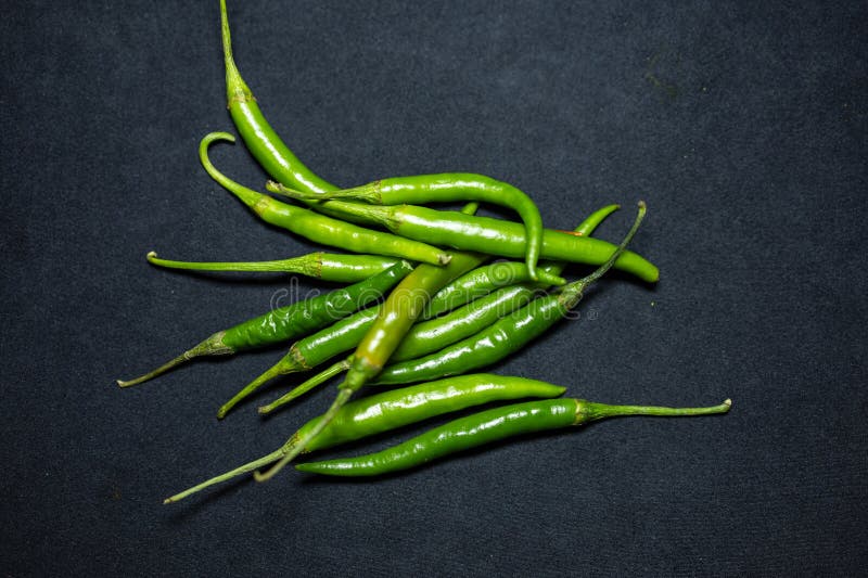 Fresh Green Hot Chilli Close-Up on Black Background Studio Shot Stock ...