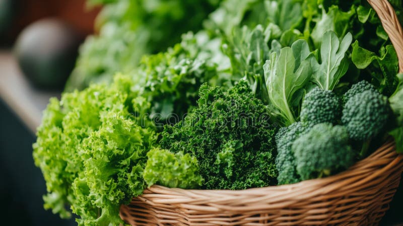 Fresh Green Leafy Vegetables and Broccoli in a Wicker Basket Stock ...