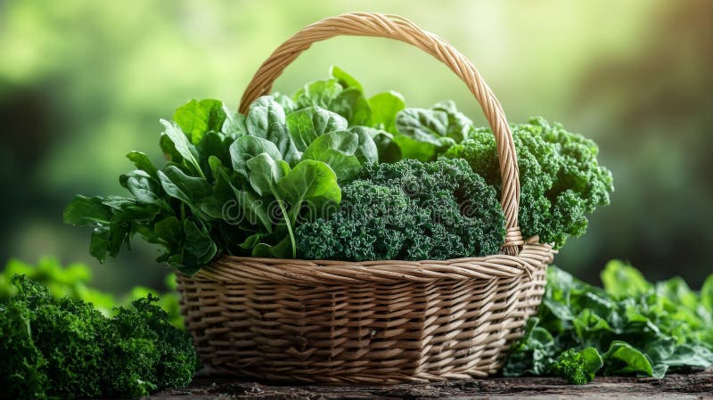 Fresh Green Leafy Vegetables in a Wicker Basket Stock Illustration ...