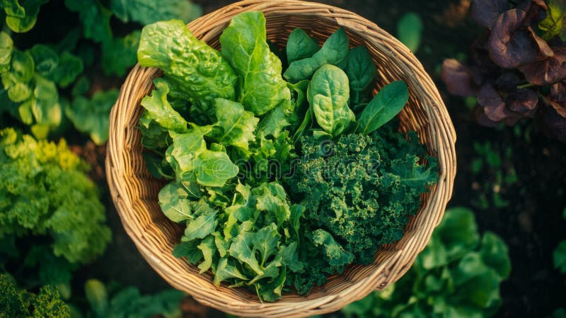 Fresh Green Leafy Vegetables in a Wicker Basket Stock Illustration ...