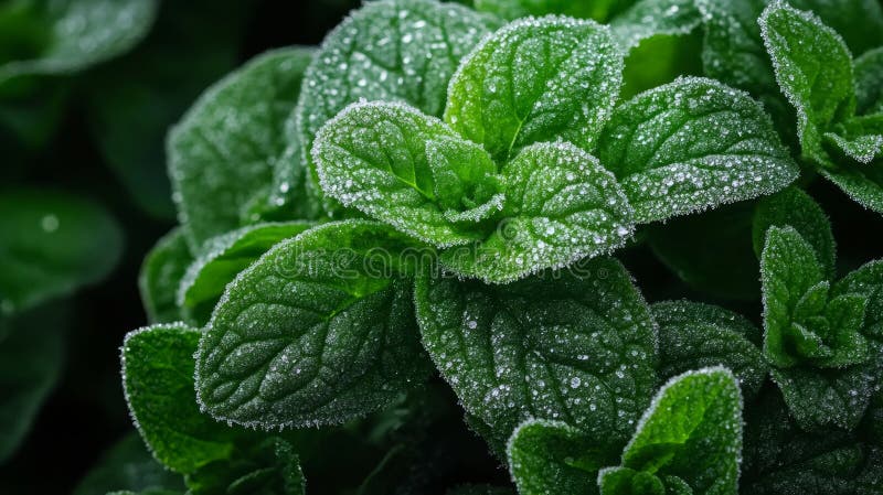 Fresh Green Leaves are Captured in a Close-up, Covered in Dew from the ...