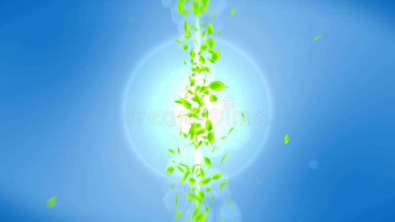 Fresh Green Leaves Falling on Blue Background. CG Leaf Confetti. Loop ...