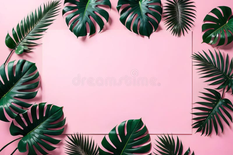 Fresh Green Leaves on Pink Background with Frame Mockup for Text ...