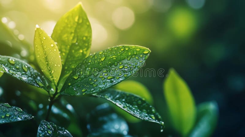 Fresh Green Leaves with Water Droplets after Rain Stock Image - Image ...