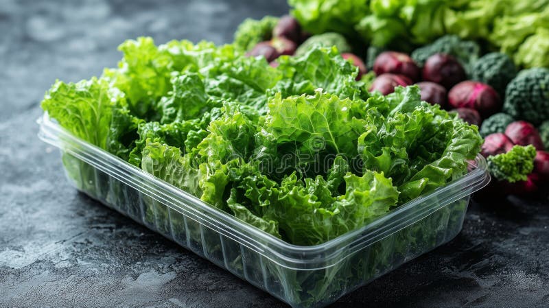 Fresh Green Lettuce in Clear Plastic Container on Dark Surface Stock ...