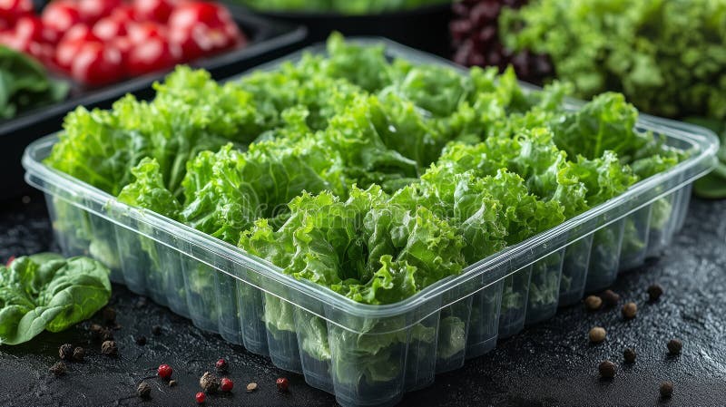 Fresh Green Lettuce in Clear Plastic Container on Dark Surface Stock ...