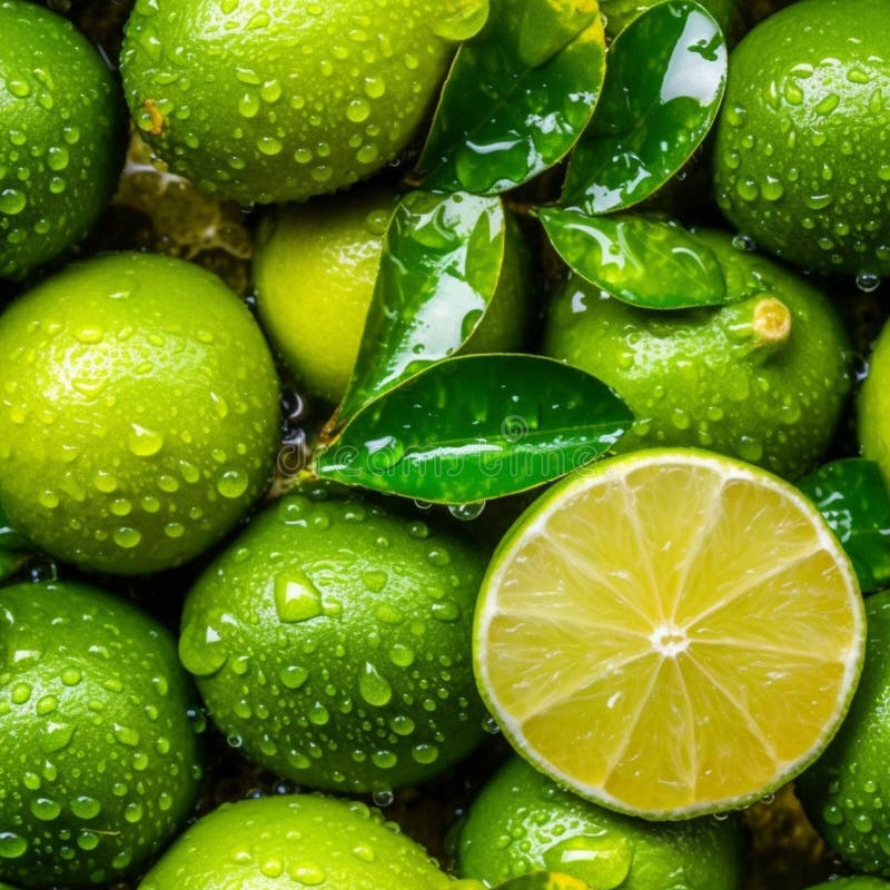 Fresh Green Limes with a Sliced Lime and Vibrant Green Leaves. Stock ...