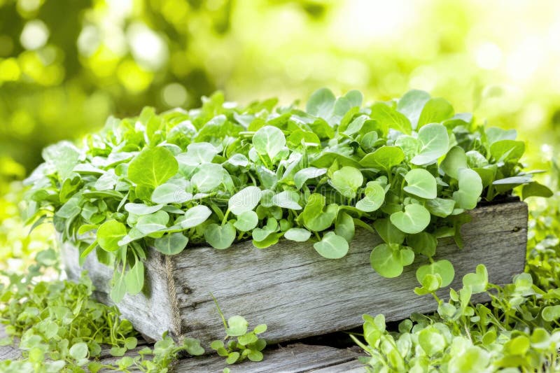 Fresh Green Microgreens Growing in Rustic Wooden Box Outdoors in ...