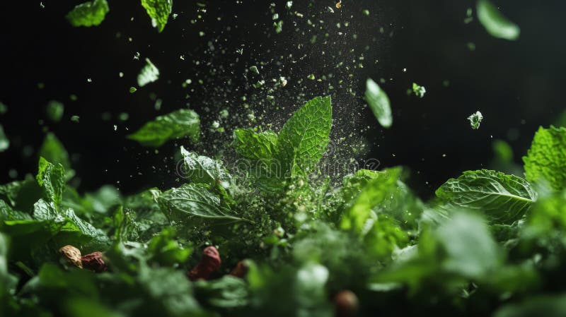 Fresh Green Mint Leaves Falling on Dark Background Stock Illustration ...