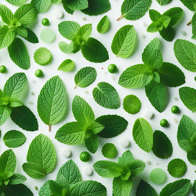 Fresh Green Mint Leaves and Round Objects Pattern Stock Illustration ...