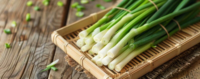 Fresh Green Onions on a Bamboo Tray Stock Photo - Image of spring ...