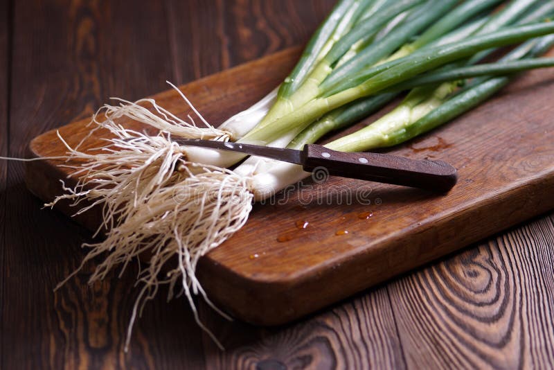 Fresh Green Onions with Roots. Stock Photo - Image of close, table ...