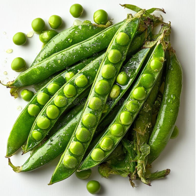 Fresh Green Peas Cascade from a Broken Pod on a Crisp White Surface ...