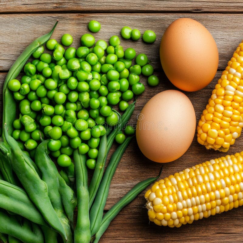 Fresh Green Peas, Eggs, Green Beans, and Corn on a Wooden Surface Stock ...