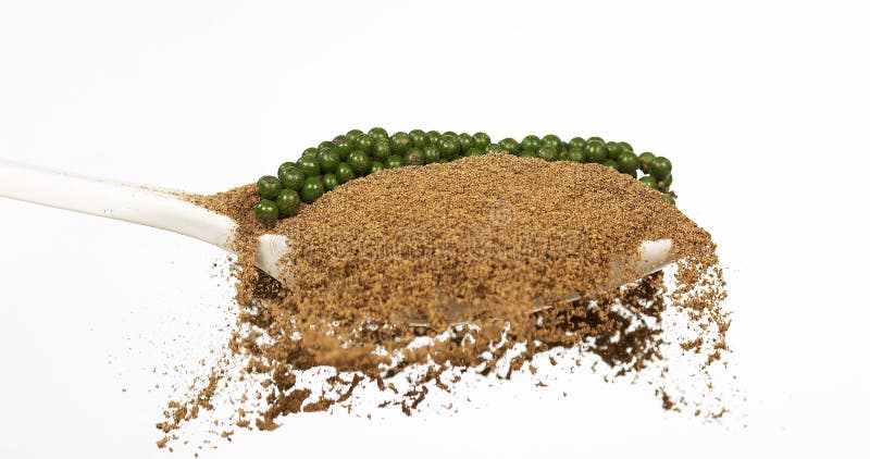 Fresh Green Pepper, Piper Nigrum, Spice Falling in Pepper Ground on ...