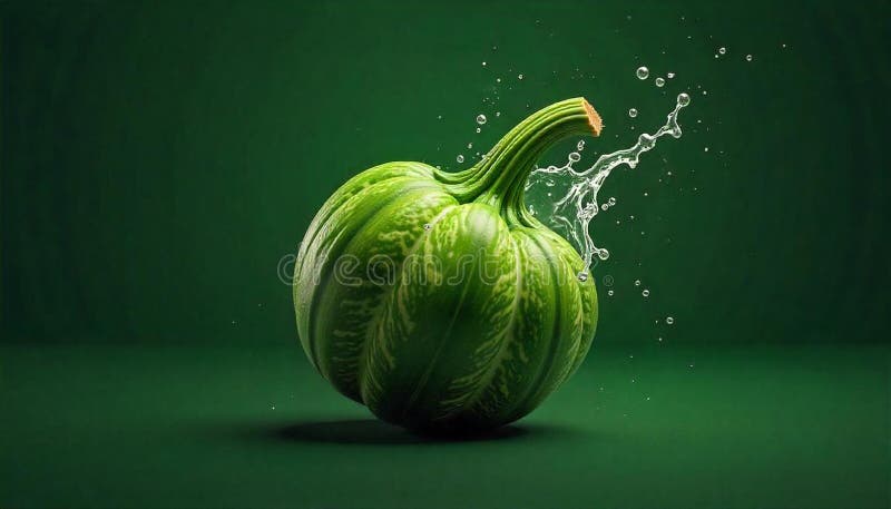 Fresh Green Pumpkin with Water Splash on Green Background Stock ...
