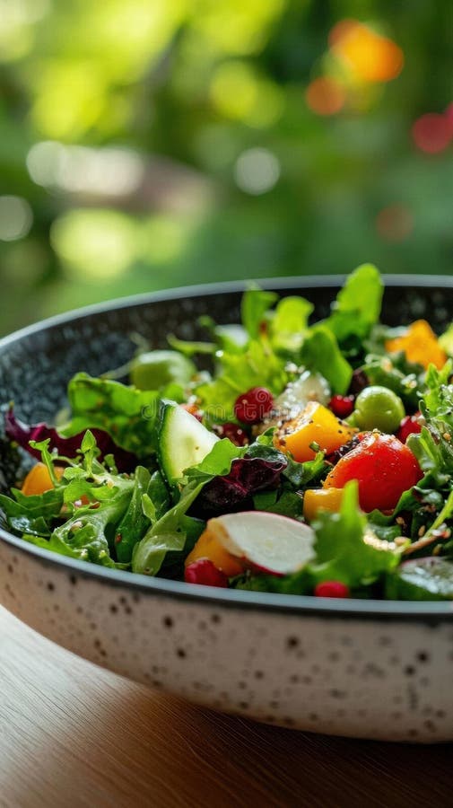 Fresh Green Salad with Colorful Vegetables in a Rustic Bowl Stock Photo ...