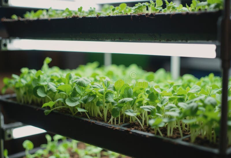 Fresh Green Seedlings Growing Under Bright Lights in a Hydroponic Setup ...