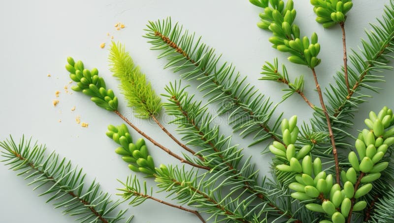 Fresh Green Sprigs of Pine with Different Shapes and Textures Stock ...