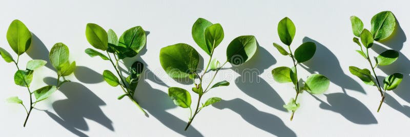 Fresh Green Spring Leaves Create Soft Shadows on a White Background in ...