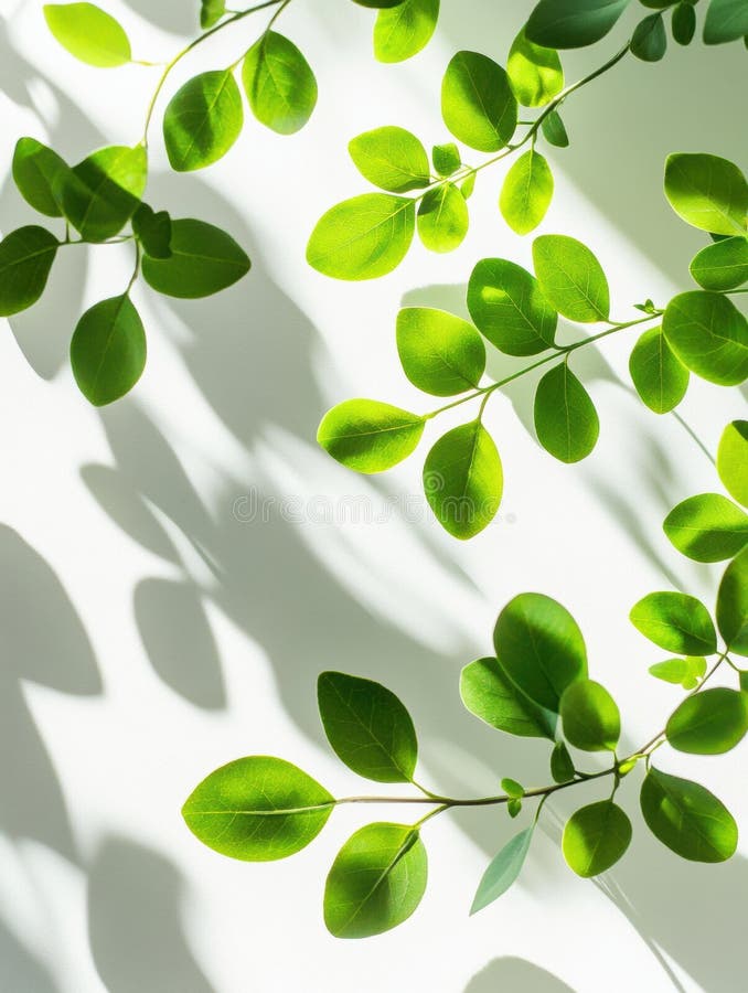 Fresh Green Spring Leaves Creating Soft Shadows on a White Background ...