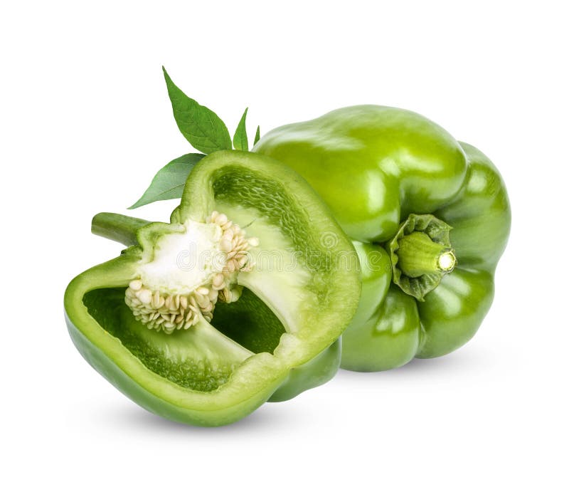 Fresh Green Sweet Pepper with Leaves Isolated on White Background Stock ...