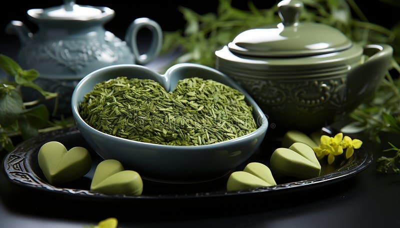 Fresh Green Tea in a Leaf Shaped Bowl, Nature Healthy Drink Generated ...