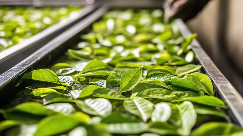 Fresh Green Tea Leaves Drying on Trays in Processing Facility Stock ...