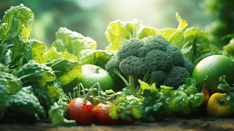Fresh Green Vegetables Arranged Outdoors with Sunlight in Background ...