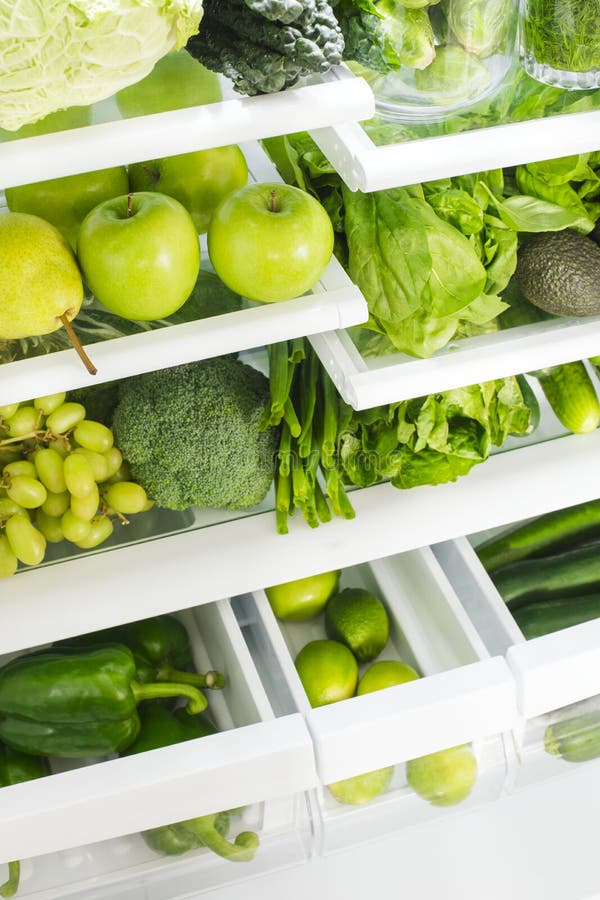 Fresh Green Vegetables and Fruits in Fridge. Stock Image - Image of ...