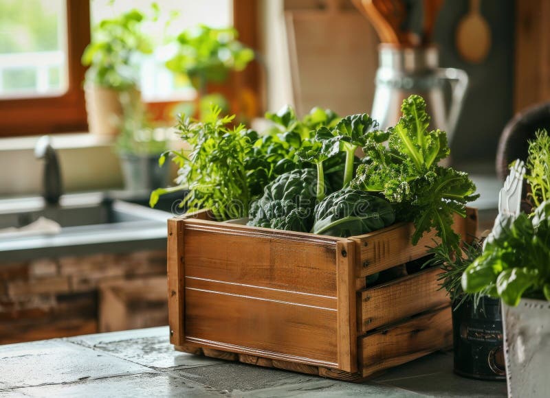 Fresh Green Vegetables and Herbs on Kitchen Counter Stock Image - Image ...