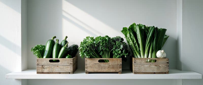 Fresh Green Vegetables in Wooden Boxes on Shelf Stock Image - Image of ...