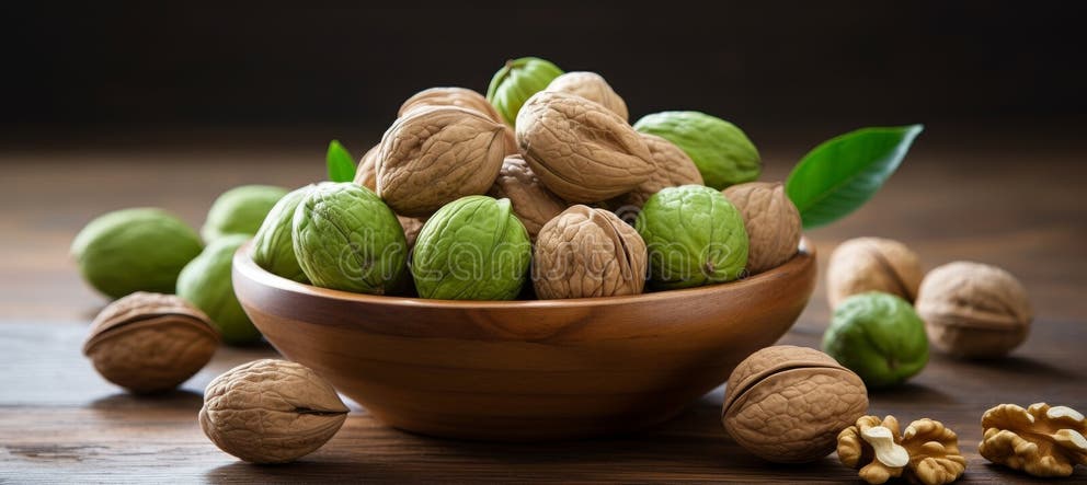Fresh Green Walnuts Arranged in a Wooden Bowl on a Rustic Table ...