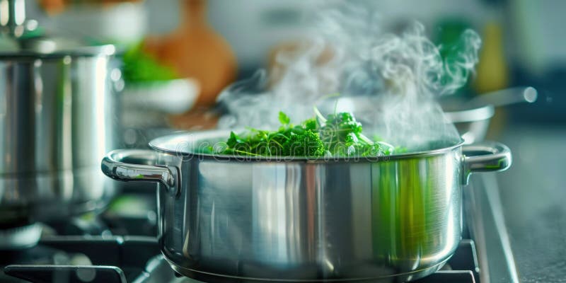 Fresh Greens Cooking in a Pot with Steam. Generative Ai Stock ...