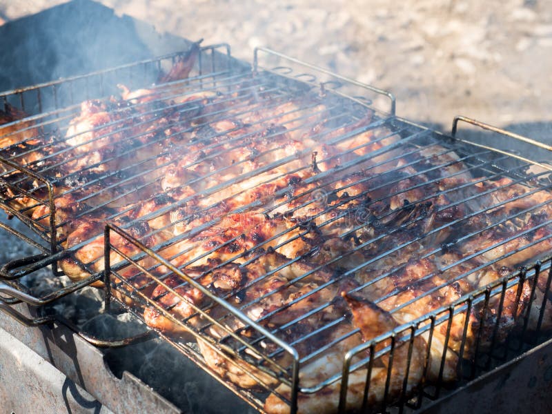 Fresh Grilled Chicken Baked Over Coals in an Open Space Stock Image ...