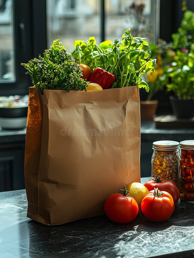 Fresh Organic Vegetables Herbs Paper Bag Kitchen Counter Stock Photos ...