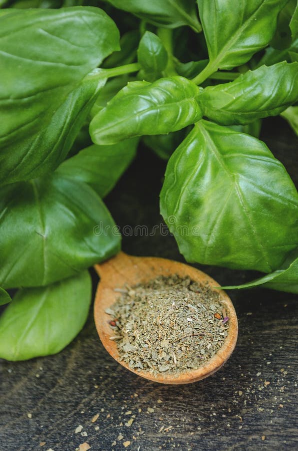 Fresh and ground basil stock image. Image of food, table - 124256855