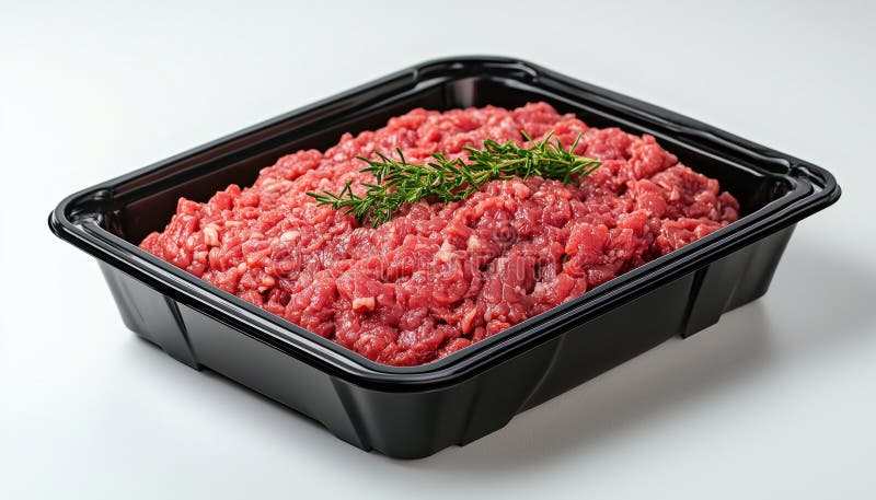 Fresh Ground Beef in a Dark Plastic Tray on a Clean White Surface Stock ...