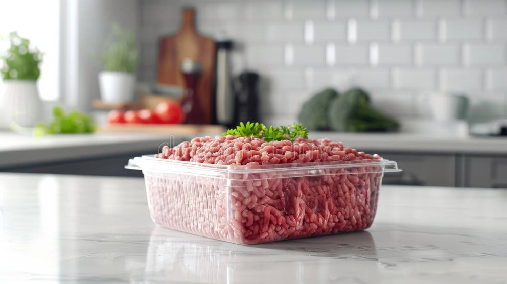 Fresh Ground Meat in a Plastic Container on a Marble Kitchen Countertop ...