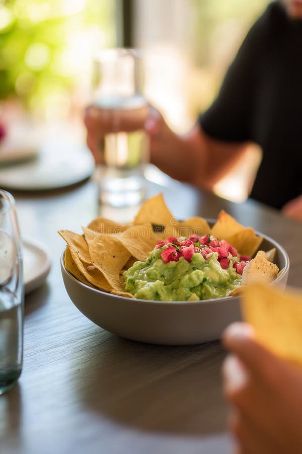 Fresh Guacamole with Tortilla Chips and Pomegranate Seeds on a Sunny ...