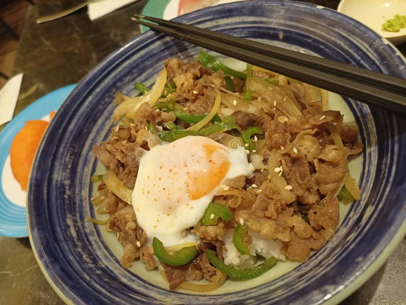 Fresh Gyudon Rice Bowl with Soft Boiled Egg on Top Stock Image - Image ...
