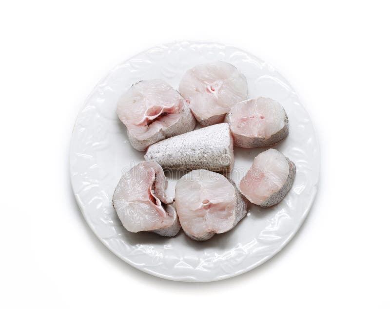 Fresh Hake Slices on White Dish Stock Photo - Image of catfish, diet ...