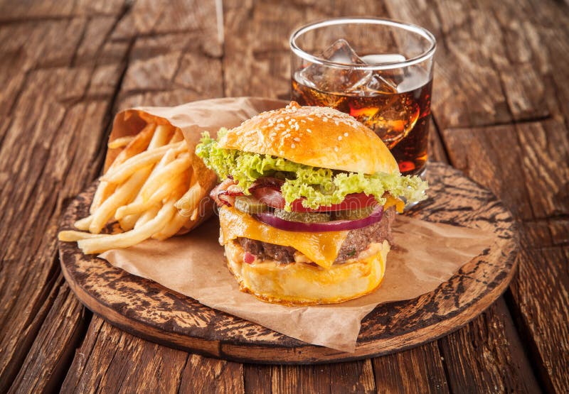 Fresh Hamburger with Fries Served on Wood Stock Image - Image of ground ...