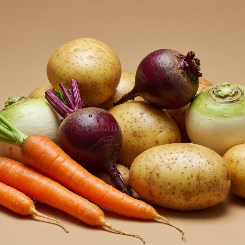 Fresh Harvest of Root Vegetables on Beige Background Stock Illustration ...