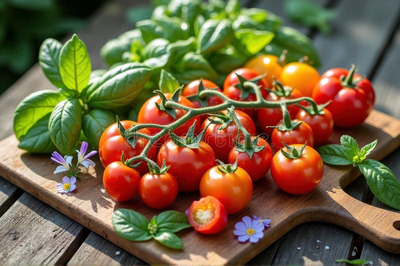 Fresh Harvest: Vine-ripened Tomatoes with Basil on Rustic Wooden Board ...