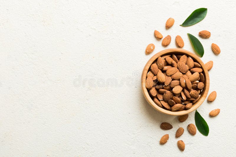 Fresh Healthy Almond in Bowl on Colored Table Background. Top View ...