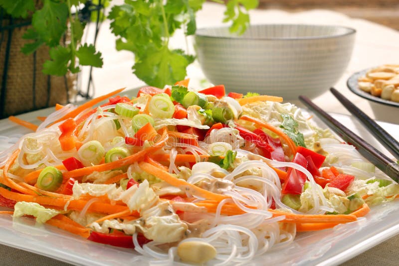 Fresh Healthy Asian Salad with Rice Noodles and Nuts Stock Photo ...