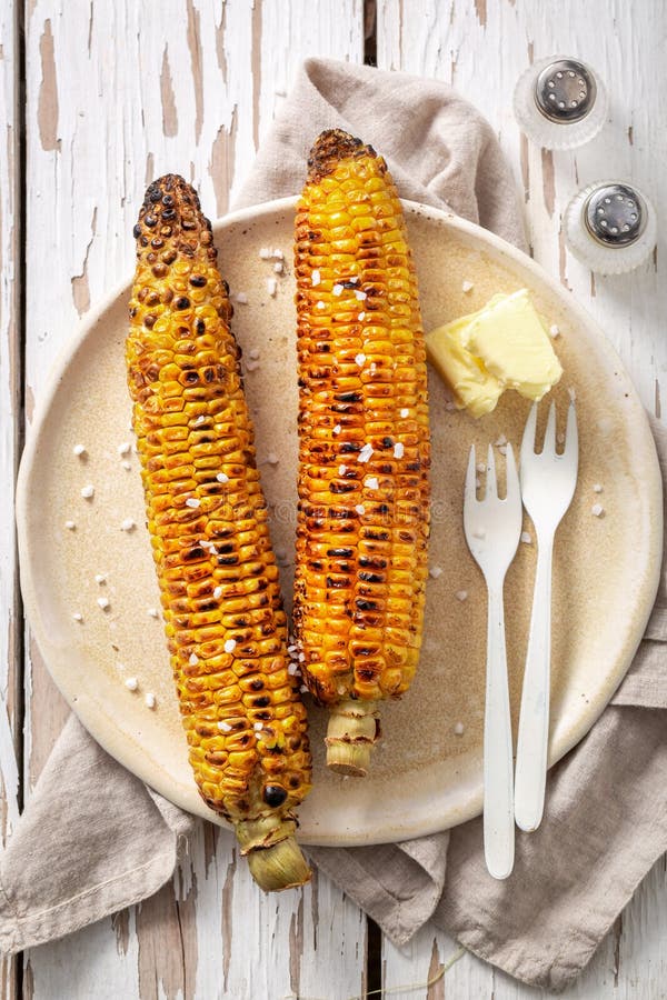 Fresh and Healthy Corn from Grill with Butter and Salt Stock Photo ...