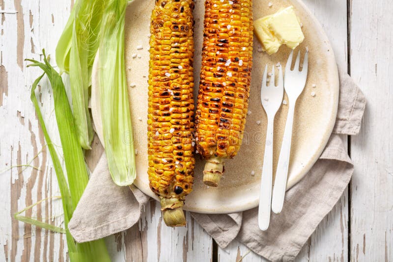 Fresh and Healthy Corn from Grill with Salt and Butter Stock Image ...